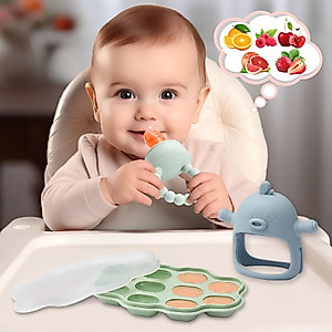 WEST STORY Baby Feeding & Teething Kit, Includes Breastmilk Popsicle Molds, 2 Baby Fruit Food Feeders Pacifiers, 3 Extra Food Pouches, Silicone Teething Toys & Storage Bag for Infant Newborn, BPA Free
