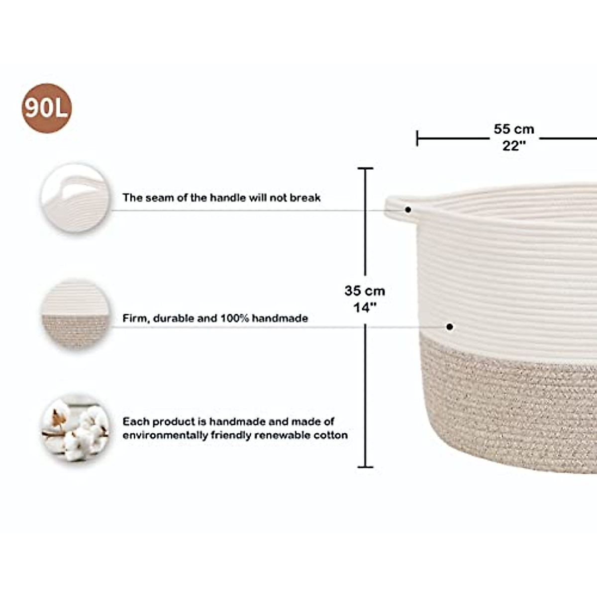 Volhouim XXXLarge Cotton Rope Basket for Organizing Baby Laundry Basket for Blankets Living Room Blanket Basket Cotton Rope Basket with Handle Collapsible Woven Basket Baby Toy Bin，22"x14" Light Brown