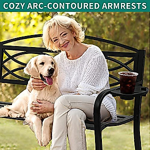 YITAHOME Outdoor Bench 50" Metal Bench with Cup Holder Spear Pattern Patio Bench with Backrest and Armrest for Porch Lawn Balcony Backyard and Indoor Black