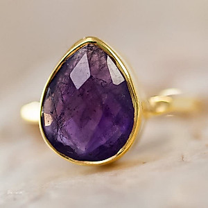 Pompom Amethyst gemstone Rings 925 Silver Band 10 mm pear (18k Gold Plated, 8.5)