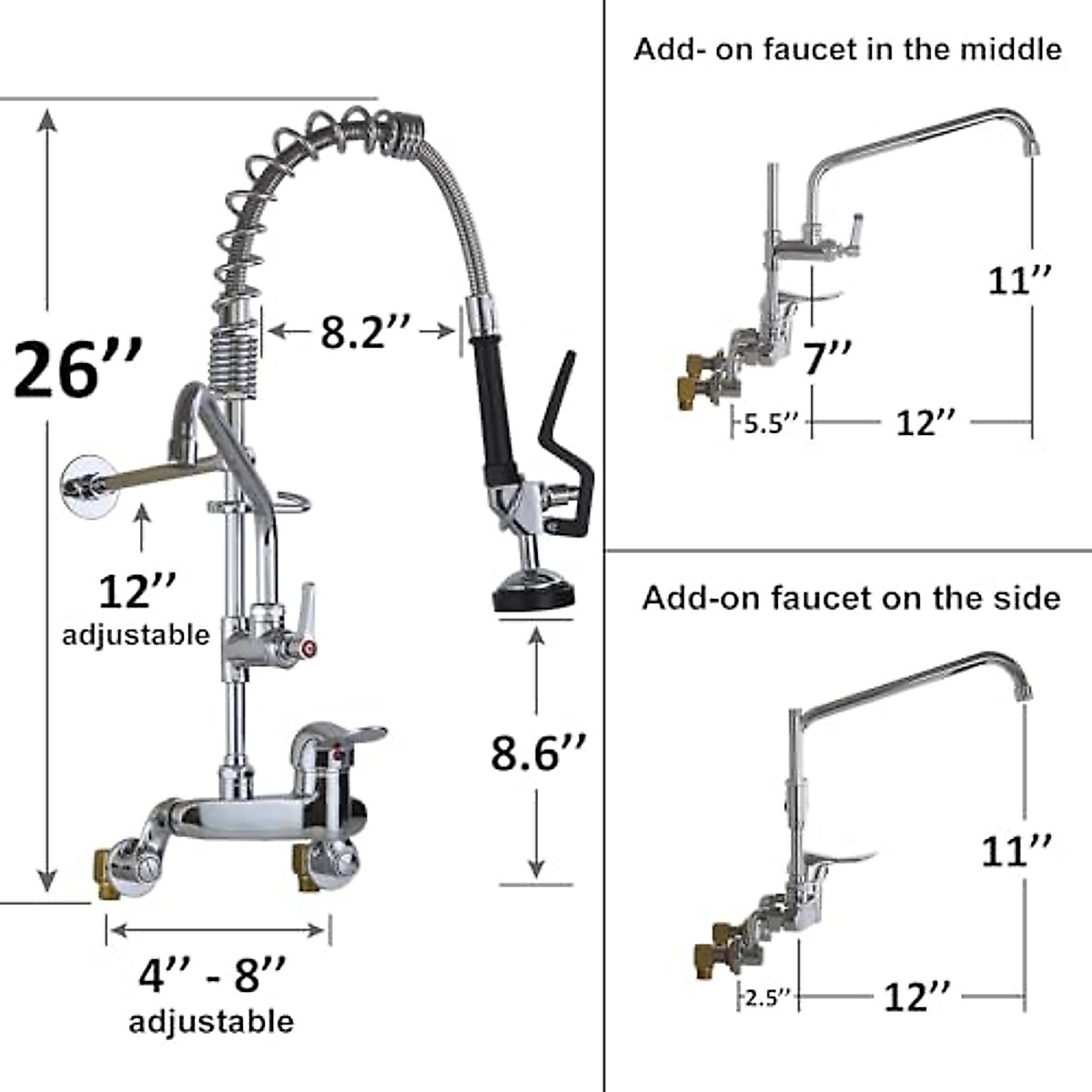 YooGyy Commercial Sink Faucet with 1.79 GPM Pre-Rinse Sprayer Wall Mount 4 Inch to 8 Inch Adjustable Center 26’’ Height Pre-Rinse Faucet with 12 Inch Add-on Swing Spout