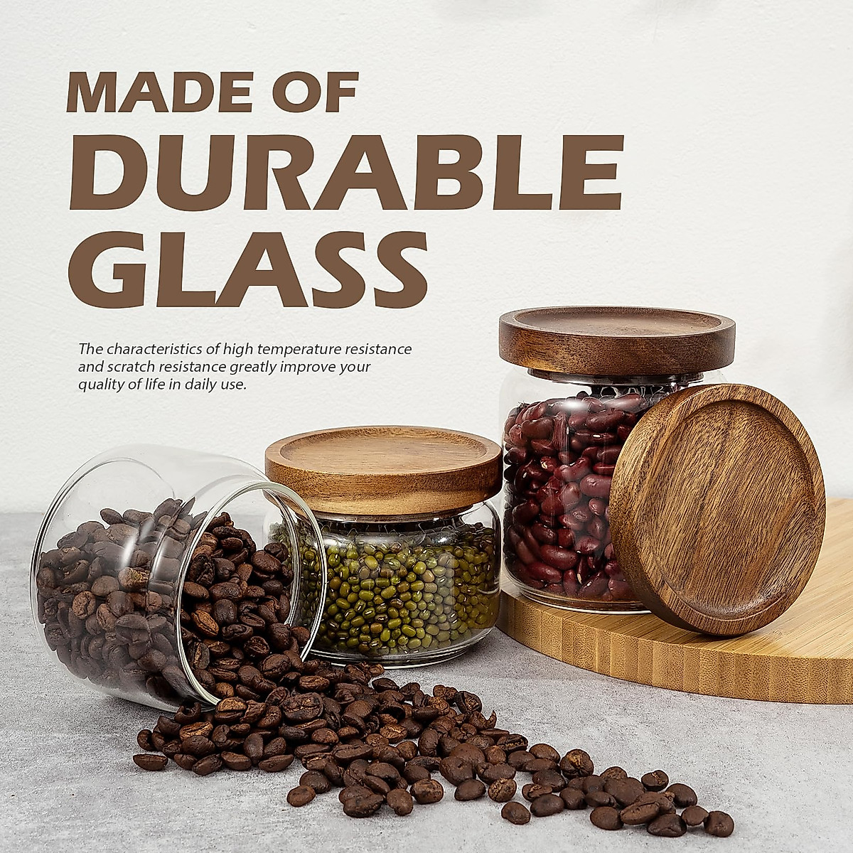 2PCS Small Glass Storage Jars with Airtight Lids, 17 fl oz (500ml) coffee container with Wooden Lid, Glass Pantry Canister for Beans, Rice, Sugar and etc (2PCS, 500ML)