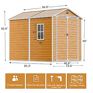 Outdoor Resin Storage Shed 8x6 FT, Plastic Sheds with Floor Window Lockable Door Included, Large Waterproof Outside Sheds Storage for Backyard Garden Patio Lawn Tools, Brown