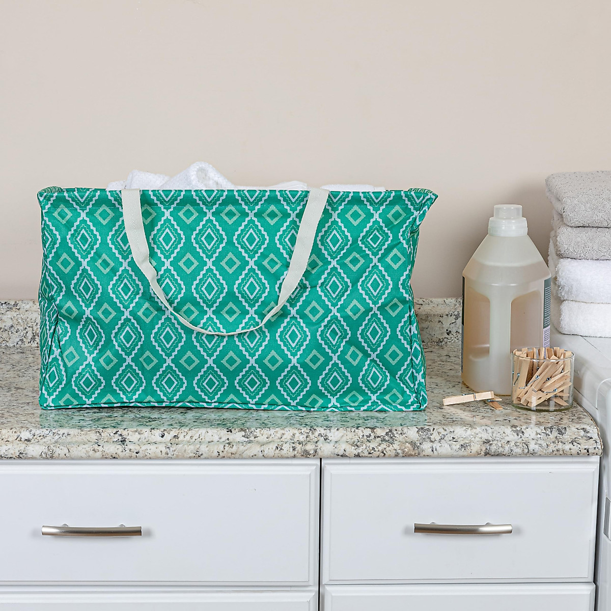 Household Essentials 2243 Krush Canvas Utility Tote | Reusable Grocery Shopping Laundry Carry Bag | Teal with White Diamonds, 22" L X 11" W X 13" H
