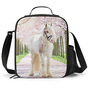 PrelerDIY White Horse Lunch Box - Insulated Lunch Box for Kids with Side Pocket & Shoulder Strap Lunch Bag, Perfect for School/Camping/Hiking/Picnic/Beach/Travel
