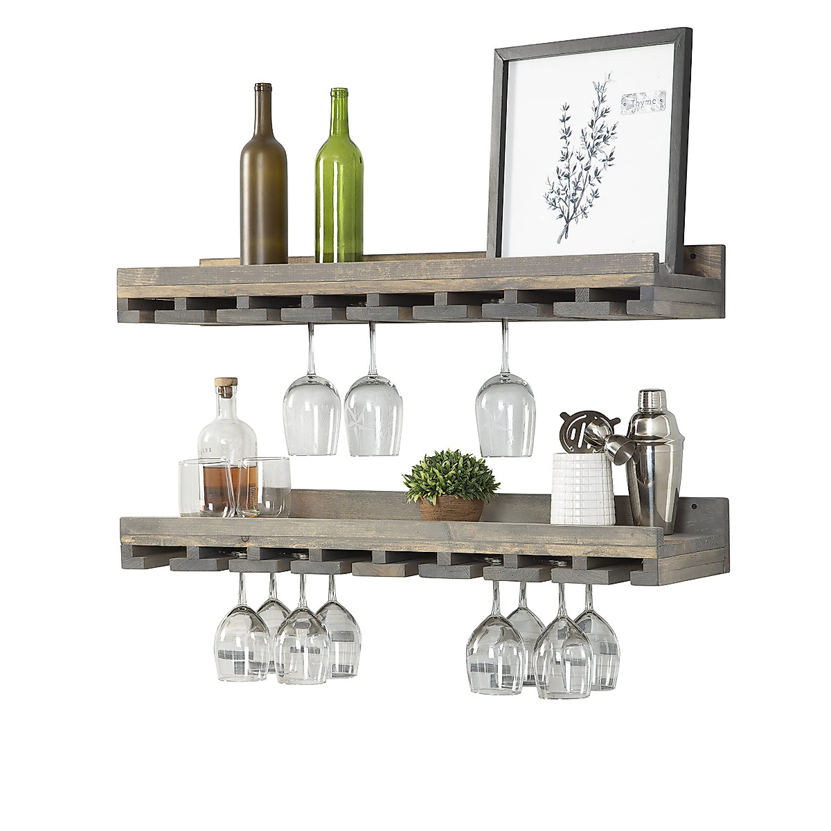 del Hutson Designs Rustic Luxe 36 Inch Farmhouse Solid Natural Pine Wood Wall Mounted Handmade Wine Glass Stemware Holder Rack, Set of 2, Grey