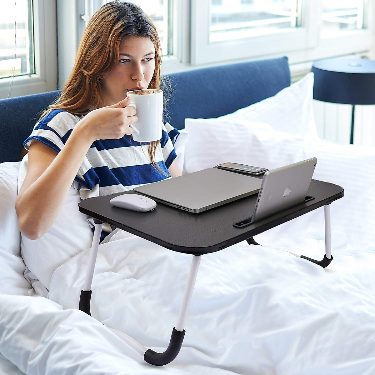 Foldable Laptop Bed Table Lap Desk, Bed Tray Laptop Desk with Cup Holder and Slot, Laptop Stand for Bed, Laptop Tray for Eating Breakfast, Working, Watching Movie on Bed/Couch/Sofa/Floor