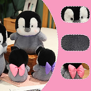 ELAINREN Stuffed Furry Penguin Toy with Bow Decor, Super Soft Black Penguin Plush Pillow Cuddle Anime Penguin Plushie Doll Gifts/22cm