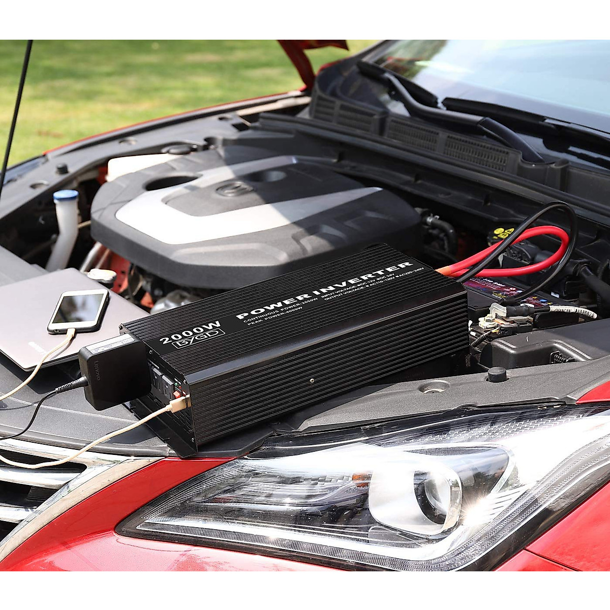 BYGD 2000W/4000W(Peak) Power Inverter 12V DC to 110V AC Converter with 4 AC Outlets Dual 2.1A USB Ports for Home, RV, Boat, Truck, Off-Grid Solar System