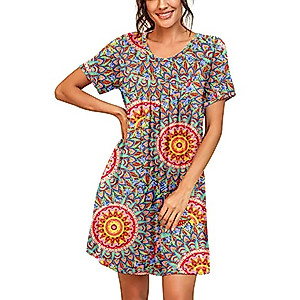 PrinStory Womens Sleepwear Short Sleeve Nightgown Soft Sleepshirt Pleated Nightshirt Scoopneck Casual Loungewear FP-Peacock Blue-Large