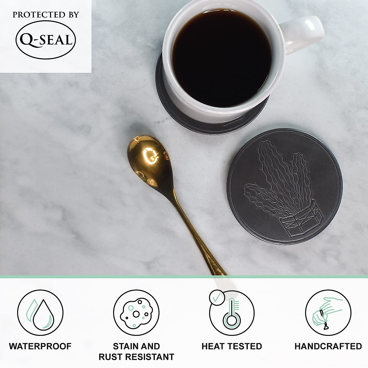 Questech Décor Coasters, Rustic Farmhouse Hosting Housewarming Gift Idea, Coasters for Coffee Table with Protective Cork Backer, Decorative Cactus Garden Design, Wrought Iron Finish, Set of 4