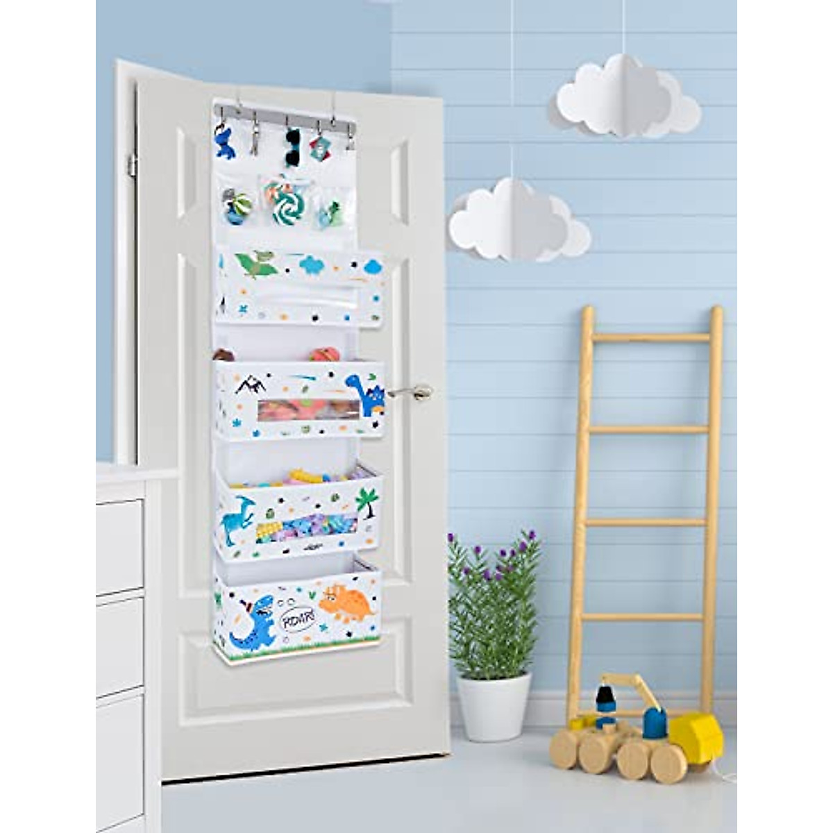 WERNNSAI Dinosaur Door Hanging Organizer - Over Door Storage with 4 Large Pockets 3 Clear Small Pockets for Kids 49” x 14” x 5” Baby Storage Toys Towels Sundries for Children Room Bedroom Kitchen
