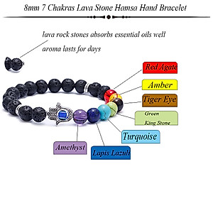 VALIJINA 3Pcs Evil Eye Charm Bracelets-7 Chakras Gemstone Lava Stone Hamsa Hand of Fatima Turkish Evil Eye Lucky Bracelet for Protection and Blessing