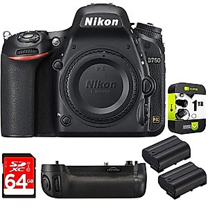 Nikon D750 DSLR 24.3MP HD 1080p FX-Format Digital Camera Body Bundle with 64GB Memory Card, Battery Grip, 2X Rechargeable Li-Ion Battery, 1 YR CPS Enhanced Protection Pack