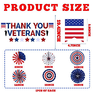 Veterans Day Decorations,Thank You Veterans Banner Happy Veterans Day Decorations Hanging Swirls and Red White Blue Paper Fans for Veterans Day Party Bulletin Board Indoors Patriotic Decorations