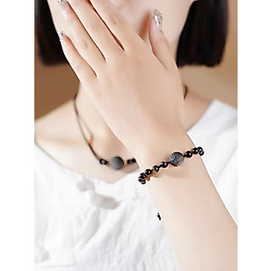 8MM Silver Obsidian Moon Bracelet - Solar System Planet Bracelet - Adjustable Beaded Bracelets For Teen Girls - Charm Bracelets Matching Bracelet Friendship Couple Bracelets