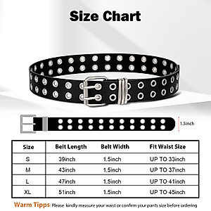 FIORETTO Double Grommet Leather Belt Women Men Punk Rock Waist Belts for Jeans Pants Double Holes Black-Silver