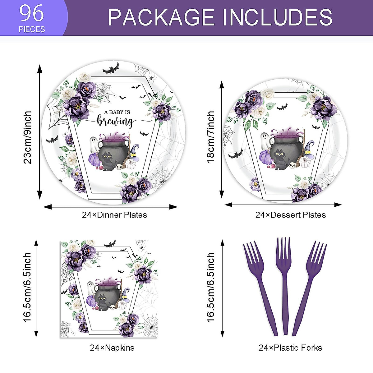 96PCS Halloween Baby Shower Party Supplies A baby is brewing Gender Neutral Plates and Napkins Vampire Bat Baby Sprinkle Tableware Set Serves 24 Guests