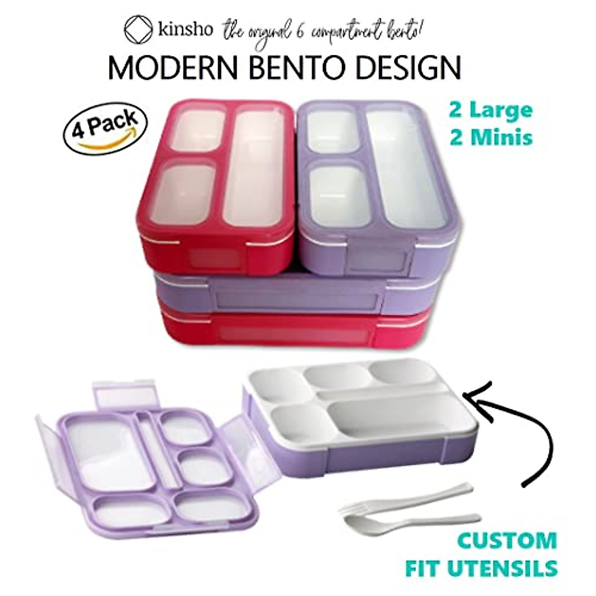 kinsho Bento Box Lunch Boxes and Snack Containers, Value Pack for Kids Girls Boys | Leakproof Portion Boxes for School Pre-School Toddler Daycare Travel, BPA Free | Set of 4, Pink Purple