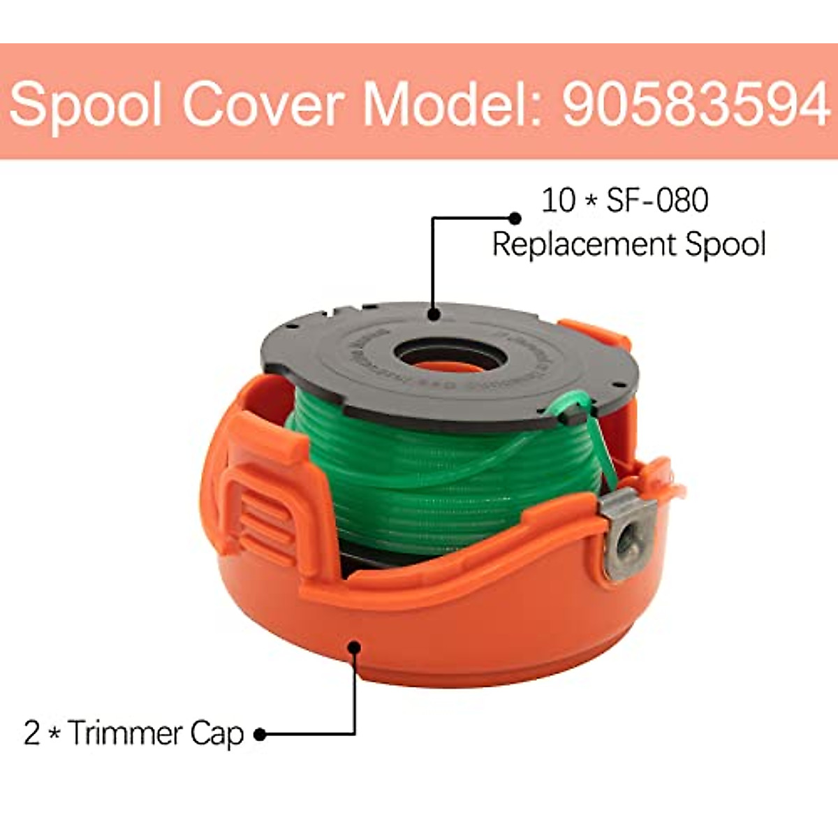 IVONNEY SF-080 Replacement Spool for Black and Decker Trimmer Spool Compatible with GH3000 LST540 LST540B GH3000R, 20-Foot 0.08-Inch Auto Feed Trimmer Line (10 Pack with 2 pcs 90583594 Caps)