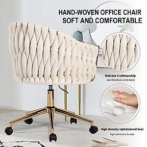 linting Velvet Office Desk Chairs Vanity Chairs with Gold Base Height Adjustable Mid Back Makeup Chairs with Wheels for Women, Hand-Woven Accent Chairs Armchair, Beige