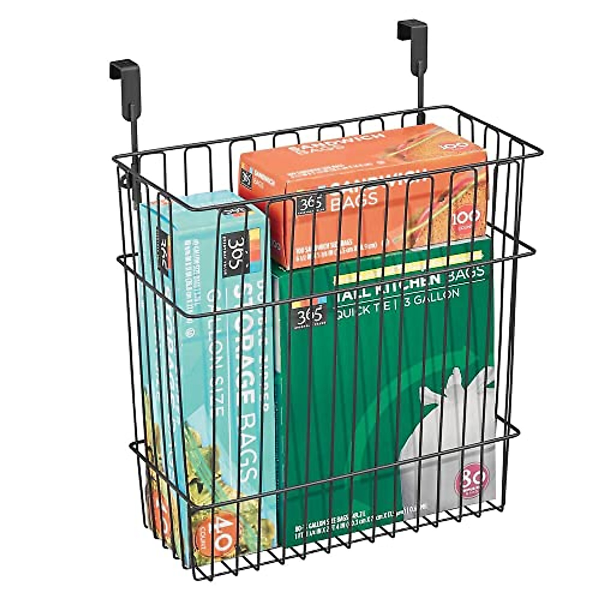 mDesign Steel Metal Wire Hanging Over Door Kitchen Storage Organizer Basket/Trash Can - Cabinet Door Holder Bins for Bags, Tin Foil, Wax Paper, Cling Wrap - Concerto Collection, 2 Pack, Matte Black