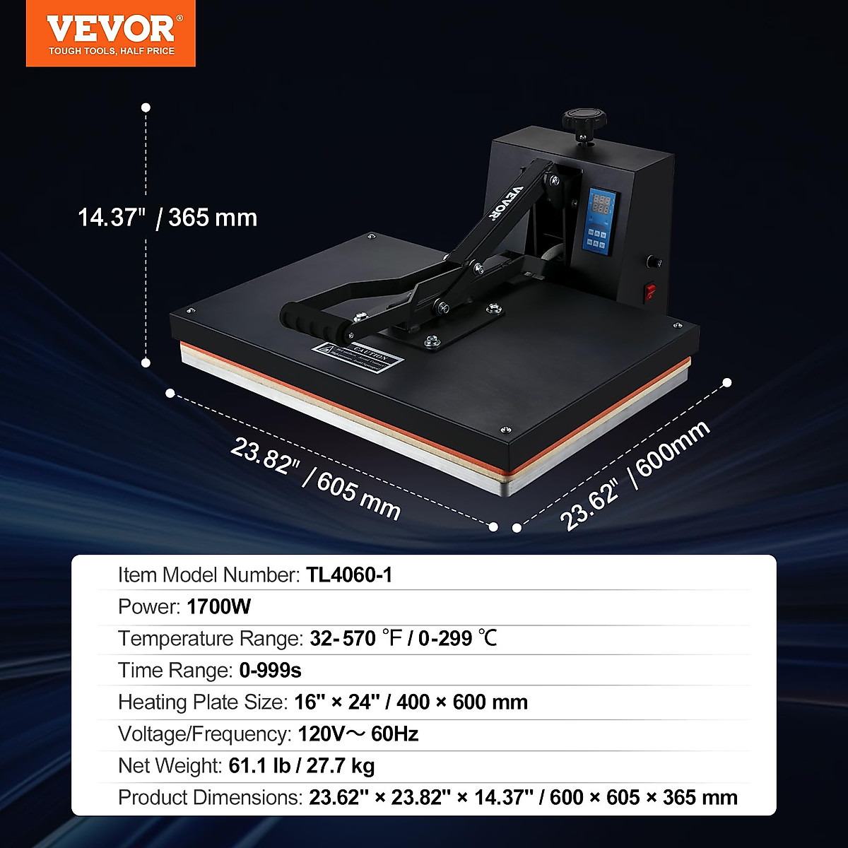 VEVOR Heat Press Machine, 16 x 24 in / 40 x 61 cm, Clamshell Sublimation Transfer Printer Teflon Coated, Digital Precise Heat Control, Silica-Gel Sponge Powerpress for T-Shirt Bag Pad Pillow