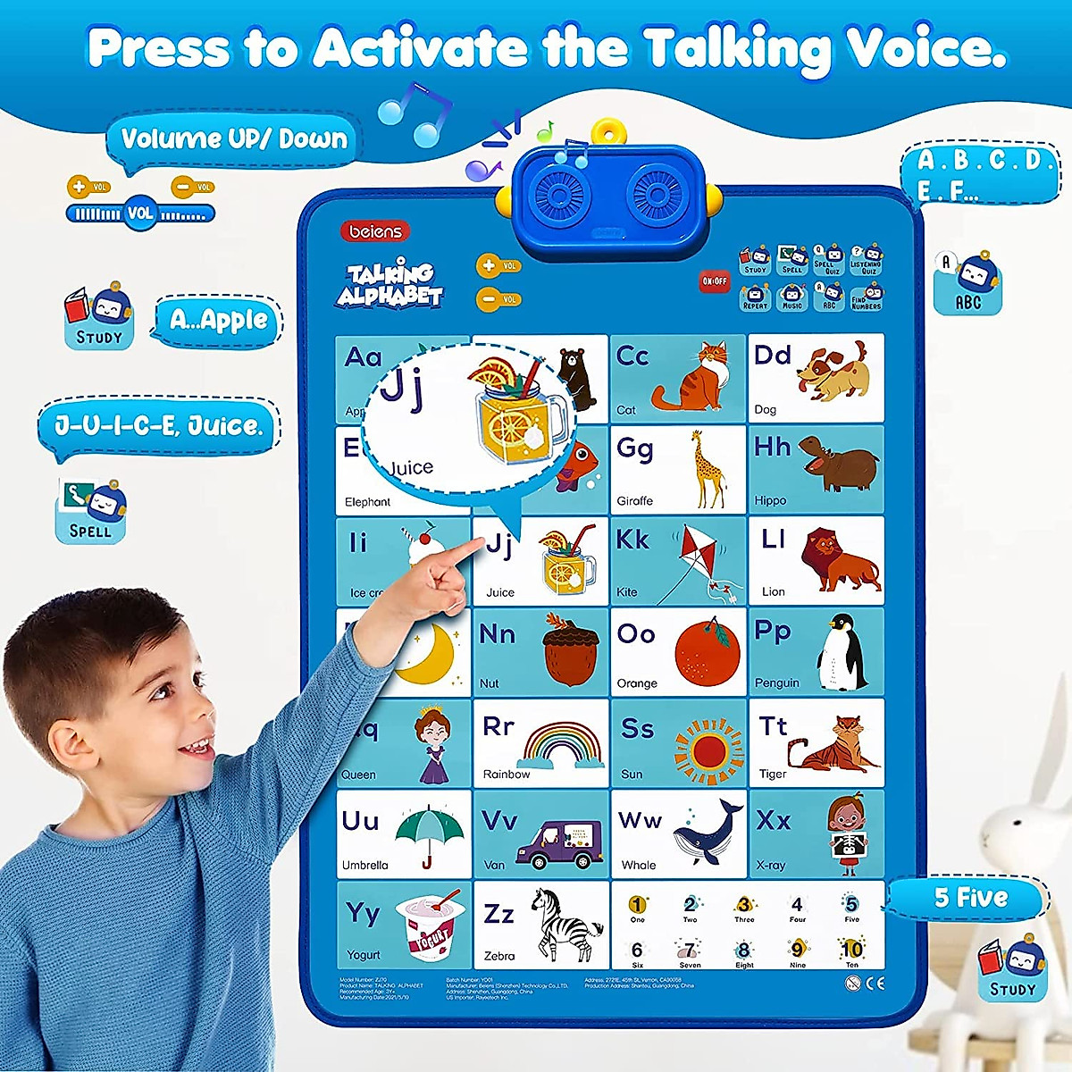 beiens Preschool Learning Activities, Autism Sensory Toys, ABC 123 Electronic Talking Poster Alphabet Wall Chart Interactive Learning Toys for Toddler Kids 2 3 4 5 Year Old Girls Boys Birthday Gifts