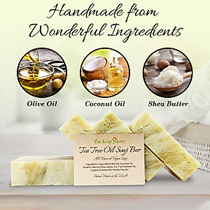 TEA TREE SOAP BAR - 4 Natural Tea Tree Oil Soap Bars for Face, Hand, Foot, Body Wash - Fights Blemishes, Itch, Body Odor. Handmade in USA with Non-GMO Ingredients. 4 Large 4.5 oz Bars