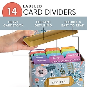 Jot & Mark Recipe Card Gift Box, 25 4x6 inch Cards, 14 Dividers, Decorative Tin Box