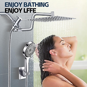 Shower Head, 8'' High Pressure Rainfall Shower Head, Z-Type Shower head Combo/Handheld Shower Wand, 12'' Angle Adjustable Extension Arm/Flow Regulator/Shower System,Chrome