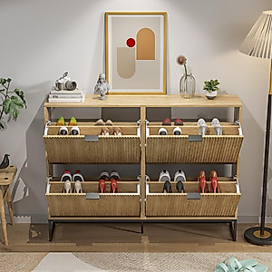 Jluomei Shoe Cabinet Storage for Entryway Slim Modern Shoe Rack Cabinet with 4 Flip Drawers Tipping Wooden Narrow Shoe Cabinet Freestanding Fluted Shoe Organizer for Living Room, Wood