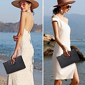 Kadell - Women Clutch, Summer Straw Handbag Seashell Straw Bag Summer bag (Black)