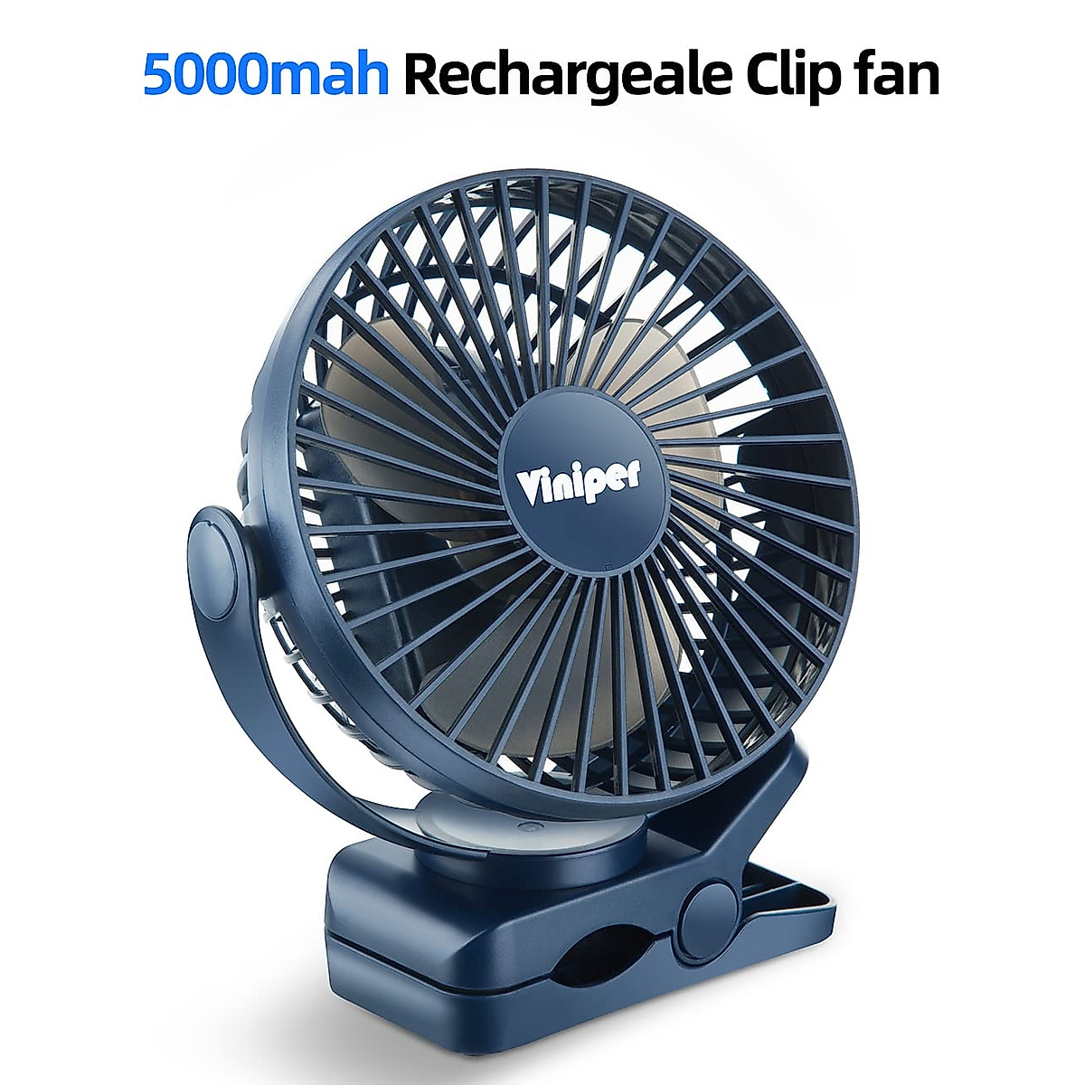 Viniper 6 inch Rechargeable Clip on Fan, 5000mah Battery Desk Fan : 360° Rotation & 3 Speeds Strong Wind Portable Fan, 8-30 Working Hours, Quiet and Powerful (Blue)