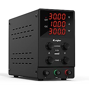 Kungber DC Power Supply Variable, 30V 10A Adjustable Switching Regulated DC Bench Linear Power Supply with 4-Digits LED Power Display 5V/2A USB Output, Coarse and Fine Adjustments with Alligator Leads