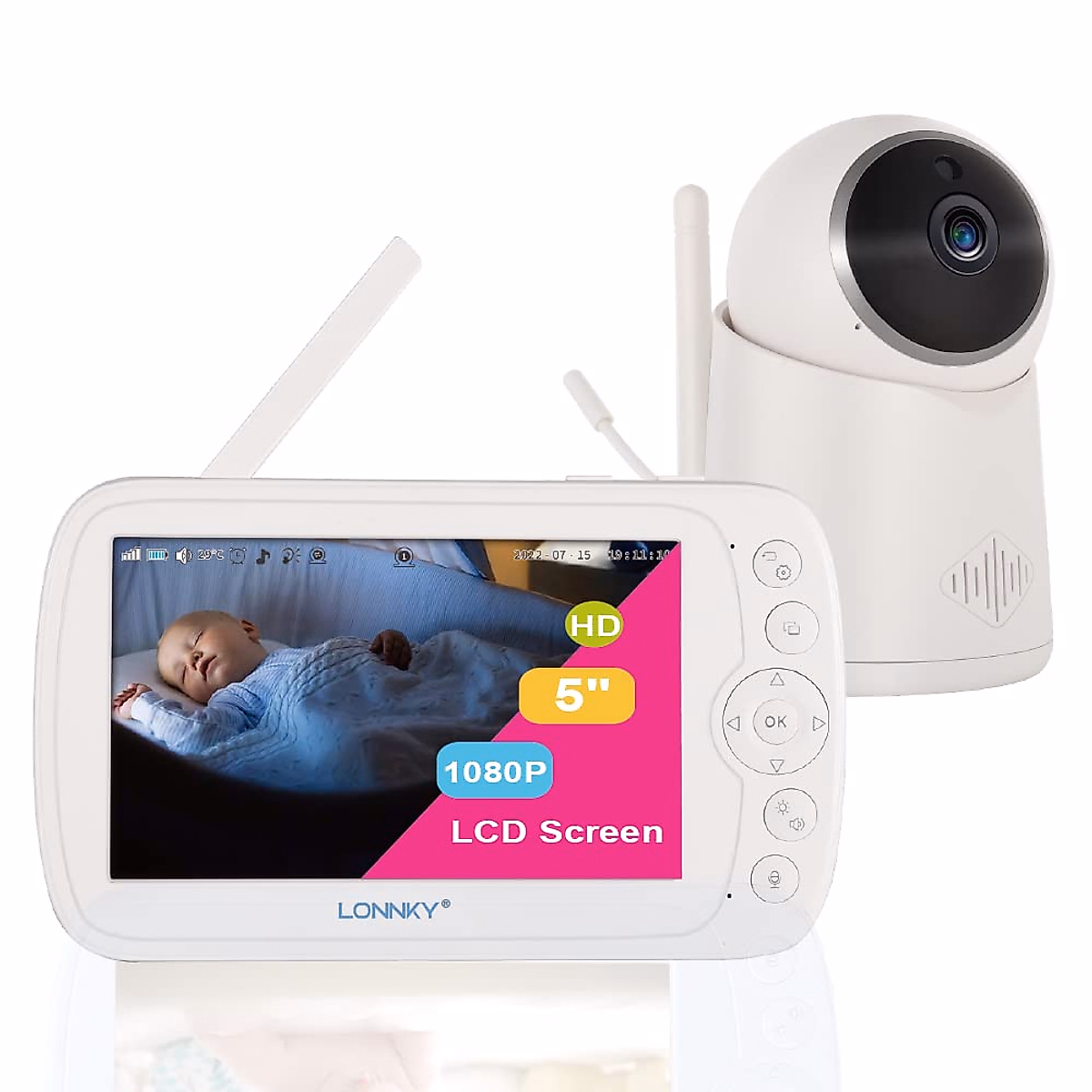 LONNKY Baby Monitor with Camera and Audio, 5" Color Display with 1080P Pan 355°/Tilt 65° Camera, 2-Way Audio, 16ft Night Vision, Temperature & Sound Alarm, Up to 1000ft Range, Support Playback