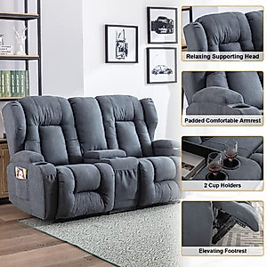 URRED Manual Recliner loveseat Chair with Console for Living Room Modern Manual-Pull Recliner Sofa Home Theater Lounge with Cup Holder,Storage for Home Theater Office (Blue-Grey Loveseat)