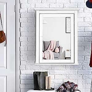 Tangkula Bathroom Cabinet with Mirror, Mirrored Wall-Mounted Storage Medicine Cabinet with Single Door & Adjustable Shelf in 5 Positions, Multipurpose Wall Cabinet for Bathroom Vestibule (White)