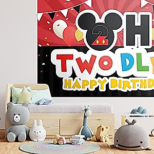 Oh Twodles Backdrop Banner Red and Black Cartoon Happy 2nd Birthday Theme Party Decorations Cheer to Two Years Old Photography Background Supplies for Boys Girls