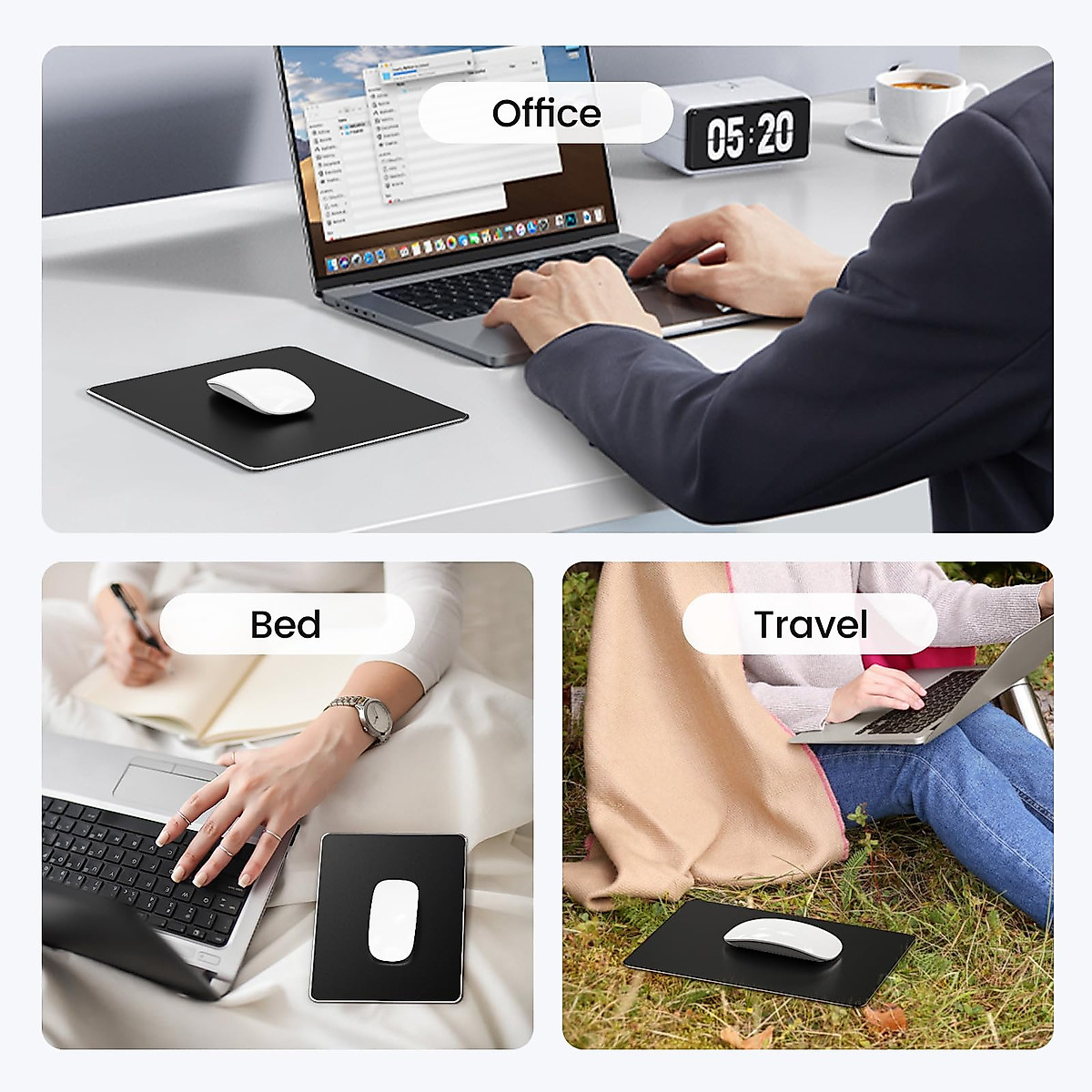 HONKID Metal Aluminum Mouse Pad, Office and Gaming Thin Hard Mouse Mat Double Sided Waterproof Fast and Accurate Control Mousepad for Laptop, Computer and PC,9.05"x7.08", Black