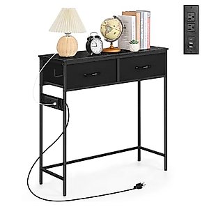 Narrow Console Table with Drawers Black Entryway Table with Storage Shelves Behind Sofa Table with Outlet for Living Room Bedroom Couch Hallway, Black