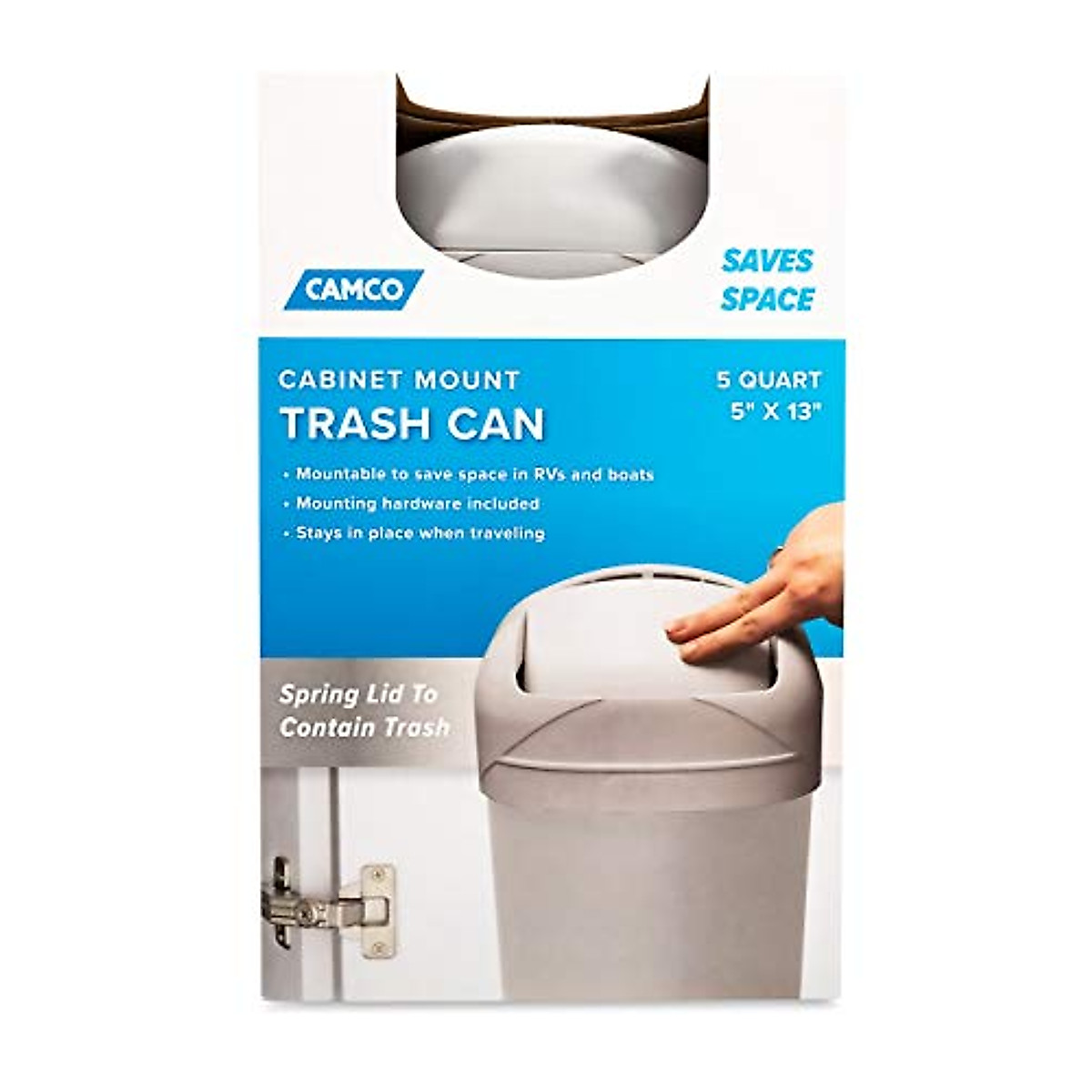 Camco Cabinet Mount Trash Can | Ideal for Tight Spaces in an RV, Boat, Apartment, Dorm Room or Tiny House | Measures 13.5" x 8.5" x 5" (43962)