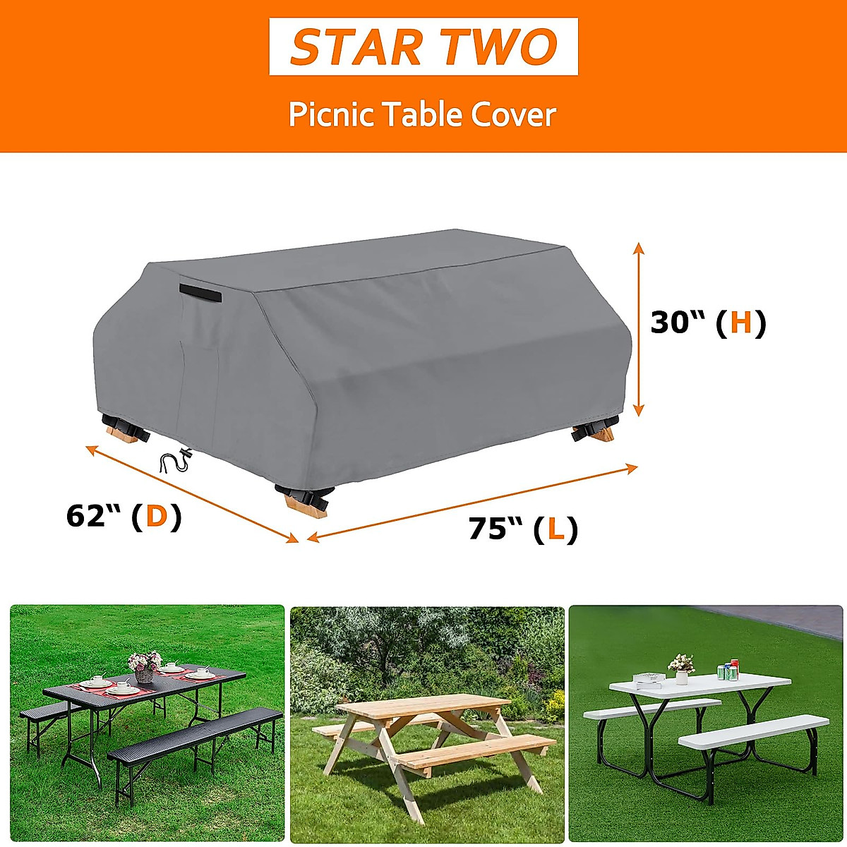 STARTWO Waterproof Picnic Table Cover Outdoor Patio Table Bench Covers for 6 ft Picnic Table Bench Set Windproof 70 / 72 Inch,Grey