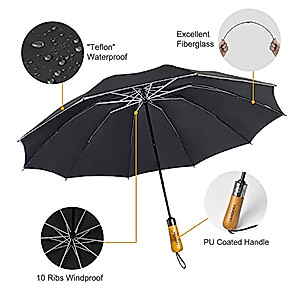 LEAGERA Sun Umbrella UV Protection Compact Windproof Reverse Umbrella for Rain - 54 inch Portable Automatic Open and Close Folding Inverted Car Travel Umbrella with Wooden Handle for Men,Black