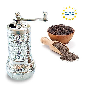 Salt and Black Pepper Grinder, Refillable Spice Grinder, Vintage Turkish Pepper Mill, Authentic Salt Grinder with Adjustable Coarseness, 4.2 in (Bright Silver)
