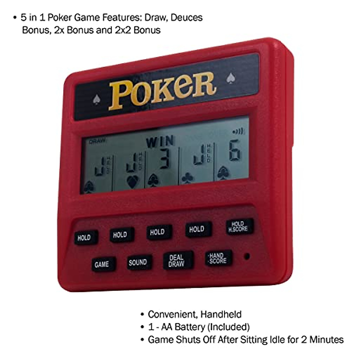 Trademark Poker 5-in-1 Poker Game – Electronic Handheld Games Including Draw, Deuces, Bonus, 2X Bonus, and 2x2 Bonus – Pocket-Sized Game for Travel, Red, 0.625 in Long x 3.875 Wide x 3.375 in high