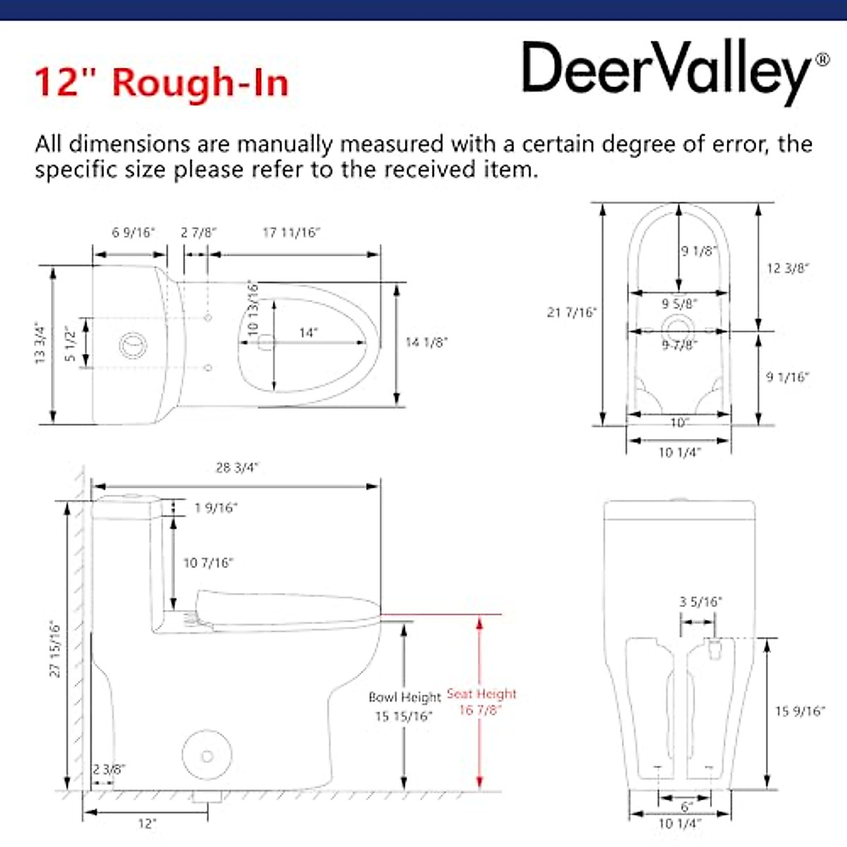 DeerValley DV-1F026 Ally Dual Flush Elongated Standard One Piece Toilet with Comfortable Seat Height, Soft Close Seat Cover, High-Efficiency Supply, and White Finish Toilet Bowl (White Toilet)