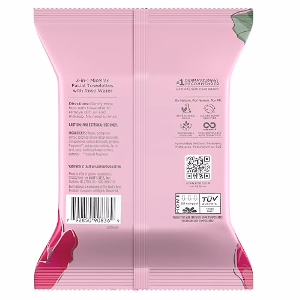 Burt's Bees Micellar Facial Towelettes With Rose Water, Pre-Moistened Towelettes for All Skin Types, 99.5 Percent Natural Origin Skin Care, 30 ct. Package