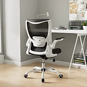 MUXX.STIL Office Chair, Ergonomic Desk Chair with Adjustable Lumbar Support and Flip up Armrest, Breathable Mesh Computer Chair for Home Office, White