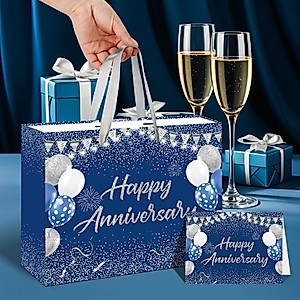 Blue Silver Anniversary Party Gift Bag with Tissue Papers and Card, Wedding Anniversary Paper Gift Wrapping Paper Bag11.8'' for Men Women Anniversary Party, Wedding Anniversary Party Supplies